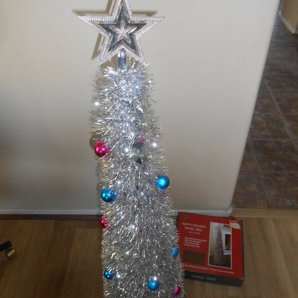 Momentum Brands | Holiday | 4 Foot Silver Tinsel Christmas Tree W Stand ...